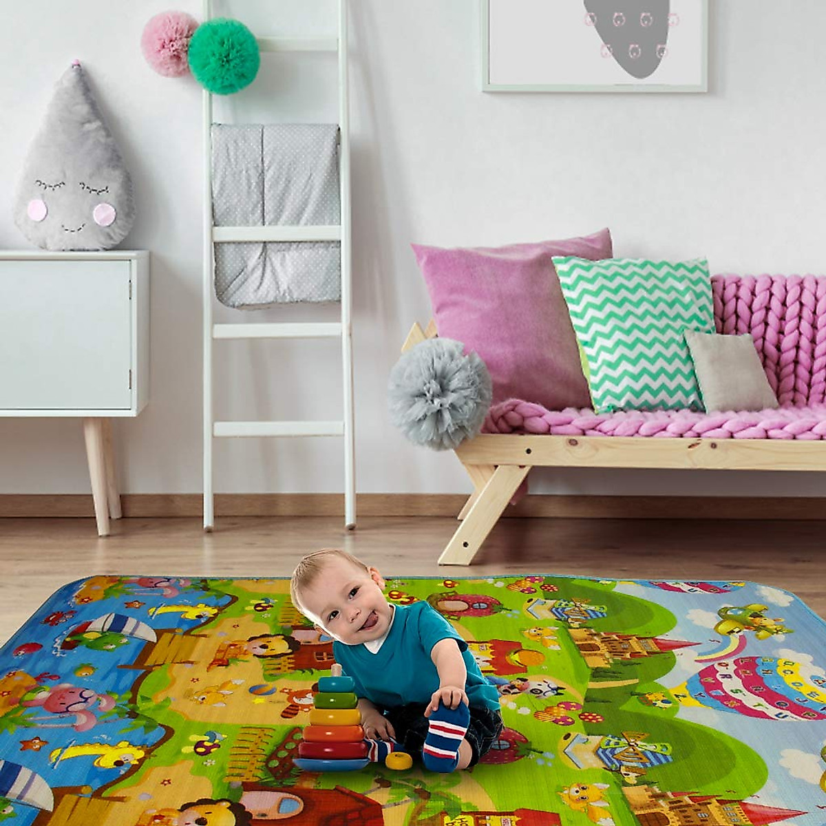 SIMPVALE Double-Sided Mats Foam Waterproof Baby Crawling Thickening Mat Drawing Alphabet Figures Animals Pattern 180cm x 120cm x1cm (70.86inch x 47.24inch x 0.4inch)