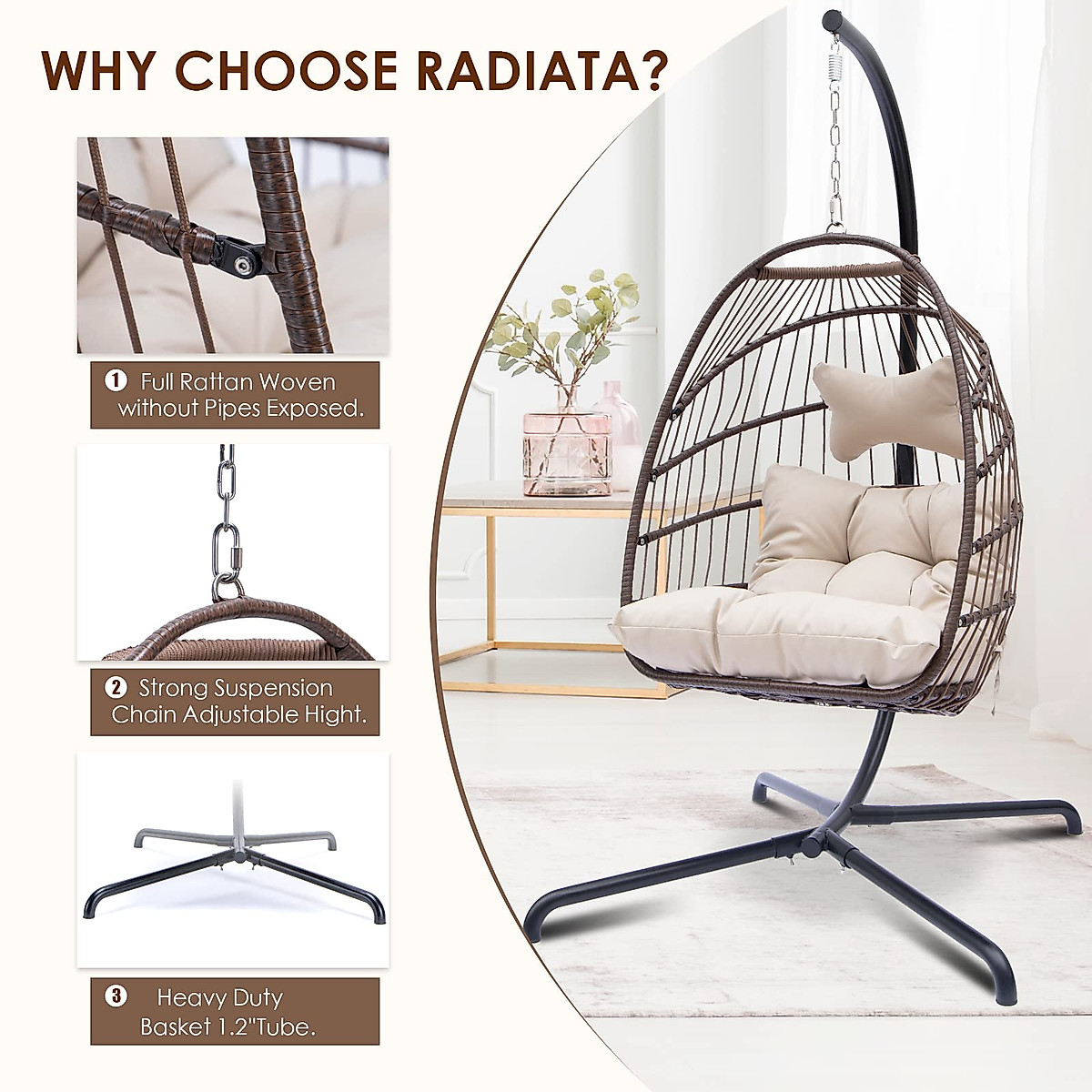 RADIATA Foldable Wicker Rattan Hanging Egg Chair with Stand, Swing Chair with Cushion and Pillow, Lounging Chair for Indoor Outdoor Bedroom Patio Garden (Brown with Cover)