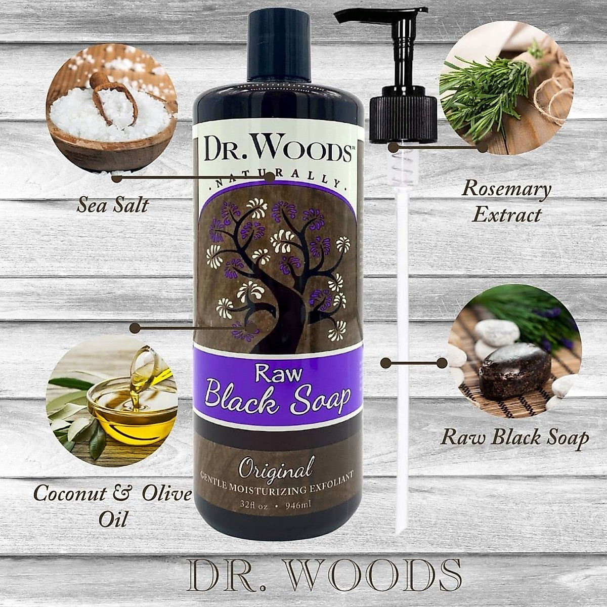 Dr. Woods Raw Black Liquid Castile Soap with Pump, 32 Ounce