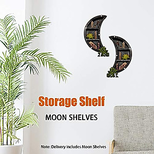 CALIDAKA 2Pcs Moon Shelves Crescent Moon Shelf Wall Mounted Wooden Crystal Moon Floating Shelves Hanging Storage Disaplay Shelf Moon Wall Decor for Living Room Bedroom Bathroom Kitchen
