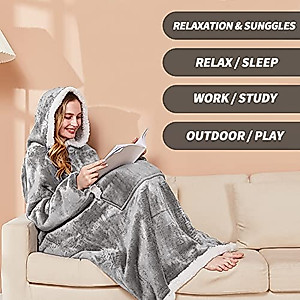 Wearable Blanket Hoodie Women and Men, Oversized Sherpa Sweatshirt with Hood Pocket and Sleeves, Super Soft Warm Comfy One Size Fits All (Light Grey, One Size)
