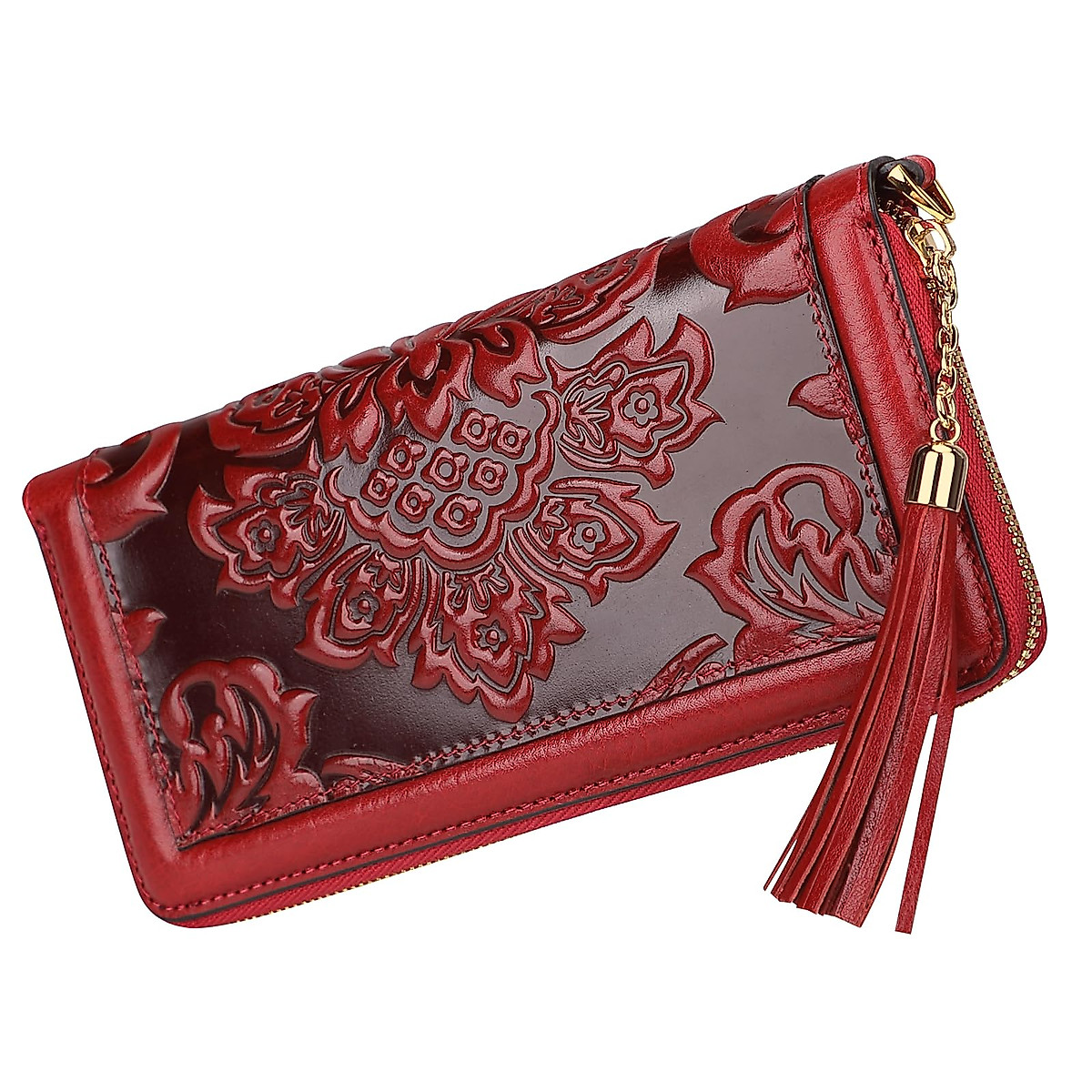 PIJUSHI Leather Wallets For Women Floral Wristlet Wallet Card Holder Purse (91853 Red)