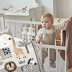 4 Piece Woodland Forest Animals Crib Bedding Set, Including Jungle Safari Crib Skirt, Blanket, Crib Sheet and Diaper Stacker, Soft Neutral Nursery Standard Size Baby Bedding for Baby Girls and Boys