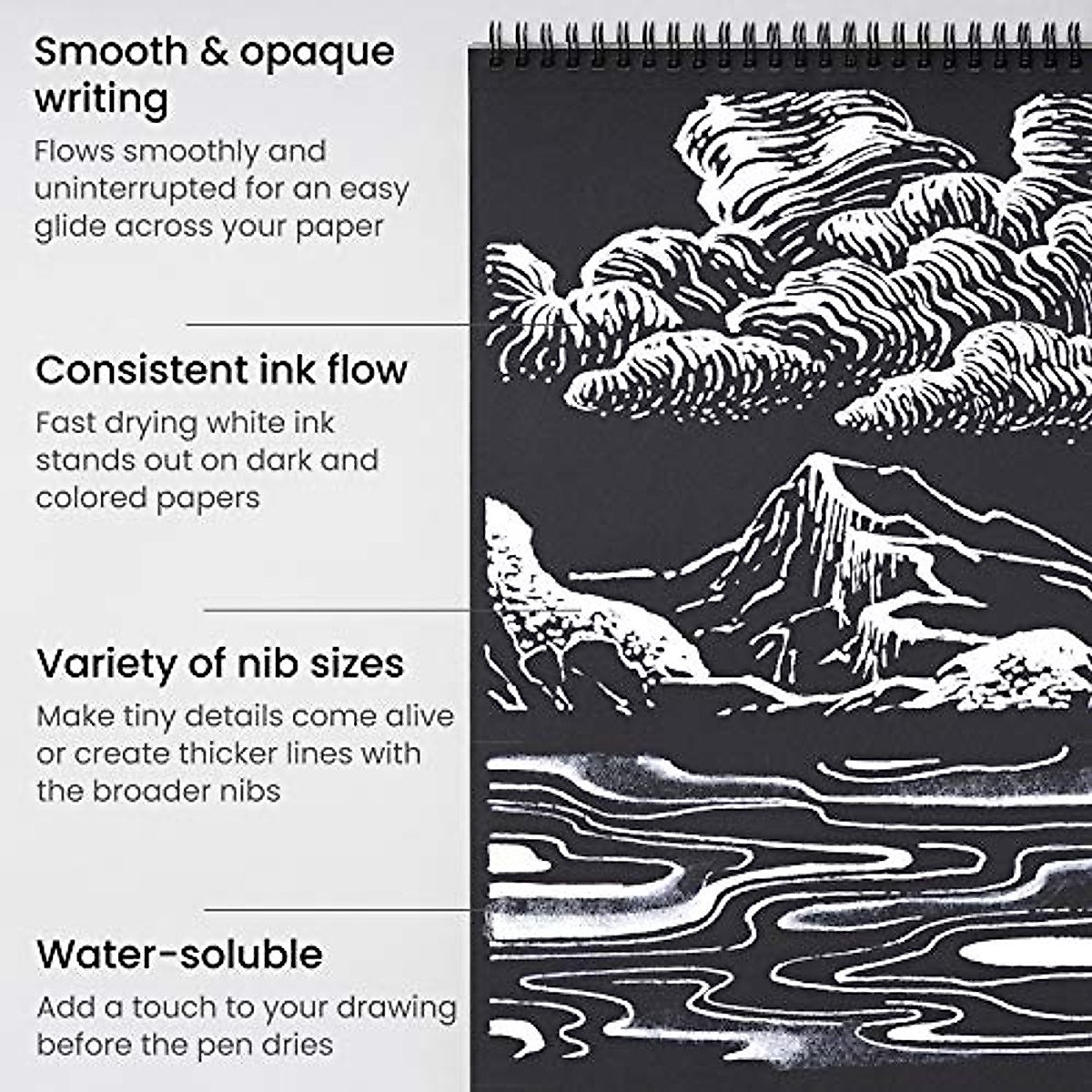 ARTEZA White Gel Pen Set, Pack of 12, White Gel Pens for Artists with 0.6mm, 0.8mm, and 1.00 mm Nibs, White Rollerball Pens for Writing, Drawing, Taking Notes & Sketching