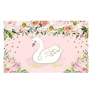 Funnytree White Swan Photography Backdrop for Birthday Baby Shower Party Decoration Pink Floral Gold Crown Background Photo Booth