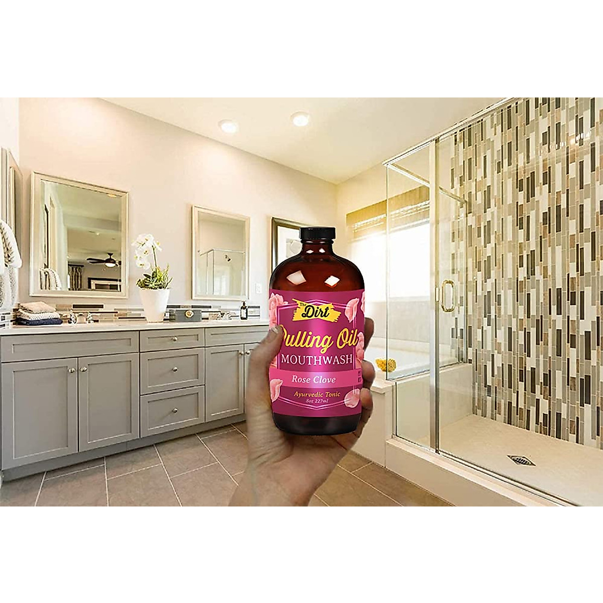 The Dirt Gluten Free Oil Pulling Mouthwash - Dental Tonic with Essential Oils for Bad Breath, Non-GMO (Luscious Rose, Clove & Mint, 8 Ounce)