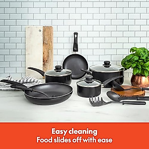 bella Cookware Set, 12 Piece Pots and Pans with Utensils, Nonstick PFOA Free Scratch Resistant Cooking Surface Compatible with All Stoves, Nylon and Aluminum, Black