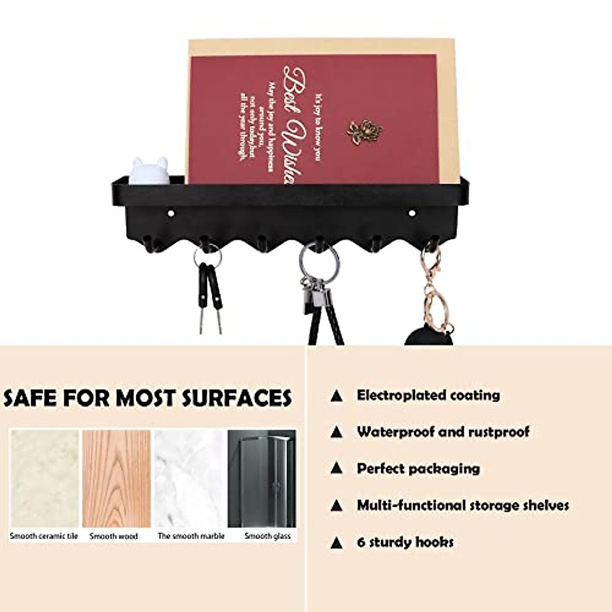 Smile Buzz Wall Mounted Adhesive Key Holder with Tray - Decorative Mail Organizer & 6 Sturdy Hooks for Entryway, Hallway, or Office - Keep Keys Handy & Organized.