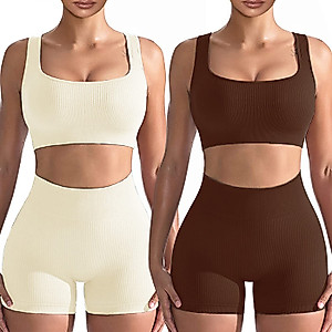 niyokki Workout Sets for Women 2 Piece, Cute YOGA Workout Set, Two Piece Workout Outfits,2 Pack (M, Coffe +white)