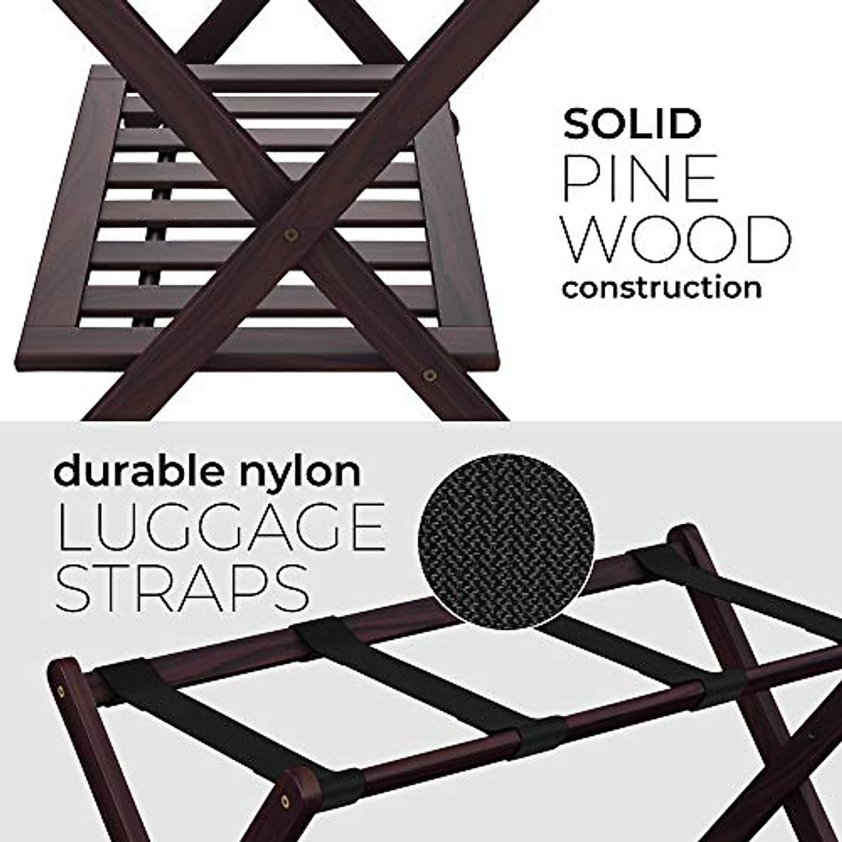 Stony Edge folding luggage rack for guest room Perfect sized 26.75”x16”x22.25” with Extra Shelf Storage - Suitable for Luggage, Suitcase and Shoes (Espresso)