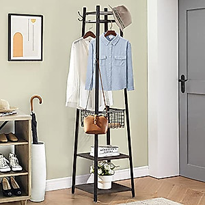 VECELO Coat Rack Freestanding, Entryway Clothes Stand with Metal Basket and 2 Shelves, Upgrade Hall Trees with 8 Dual Hooks for Bags, Hats, and Umbrellas, Industrial Styles, Vintage Brown+ Black