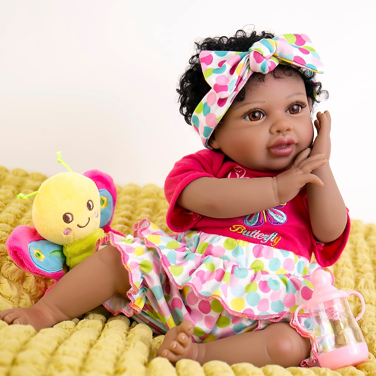 Aori Reborn Baby Dolls Black 22 inch African American Lifelike Newborn Baby Girl Doll with Butterfly Gift Set