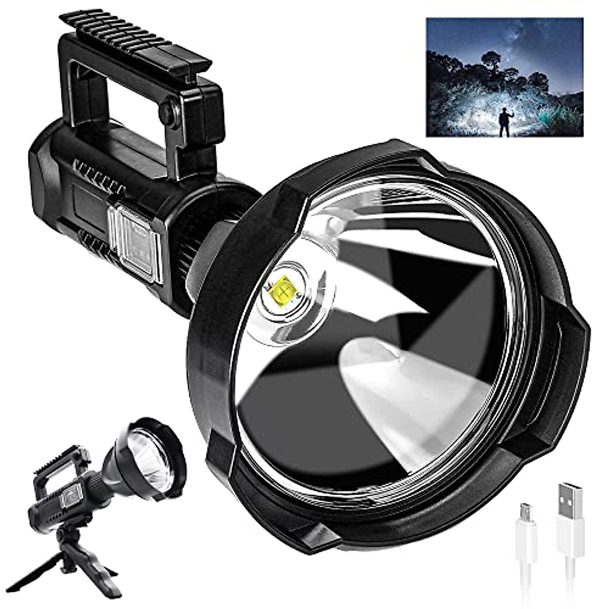 Rechargeable Spotlight Flashlights,LED Super Bright 90000 High Lumens Handheld Tactical Flashlight,4 Modes IPX5 Waterproof Large Searchlight for Camping,Fishing with USB Output and Foldable Tripod