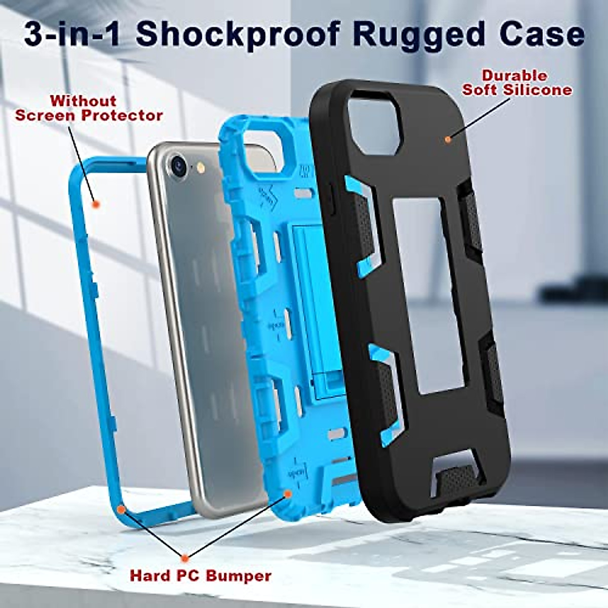 ZoneFoker Designed for iPhone SE Case 2022/2020, iPhone 8/7 Case, iPhone 6/6S Case,Slim Shockproof Rugged Protective Phone Case 4.7 inch iPhone SE 3rd/2nd Generation for Kids Boys, Black+Blue