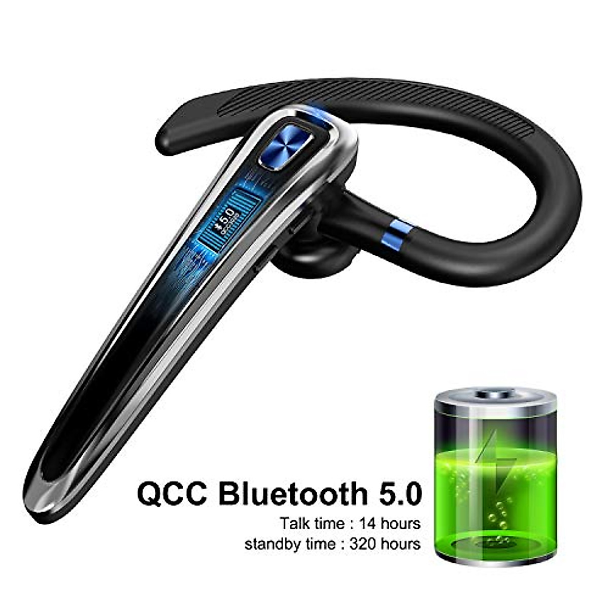 MQQC Bluetooth Headset V5.0 Wireless Bluetooth Earpiece,Hands-Free Earphones with Noise Cancellation Mic for/Business/Office/Driving, Compatible with iPhone and Android（Blue）