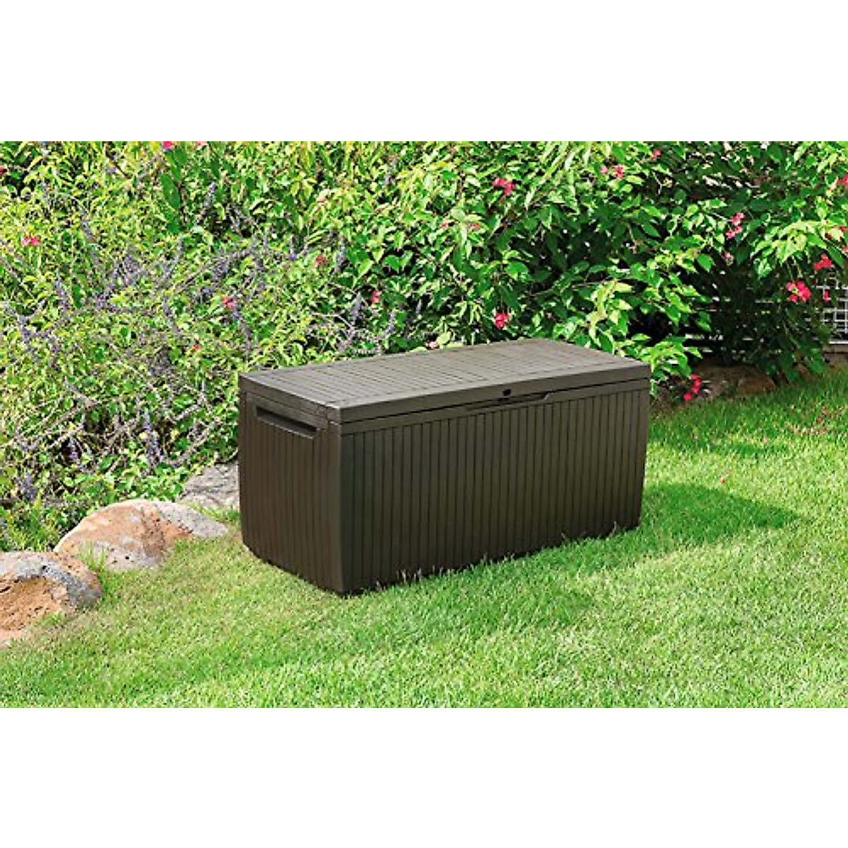 Keter Springwood 80 Gallon Resin Outdoor Storage Box for Patio Furniture Cushions, Pool Toys, and Garden Tools with Handles