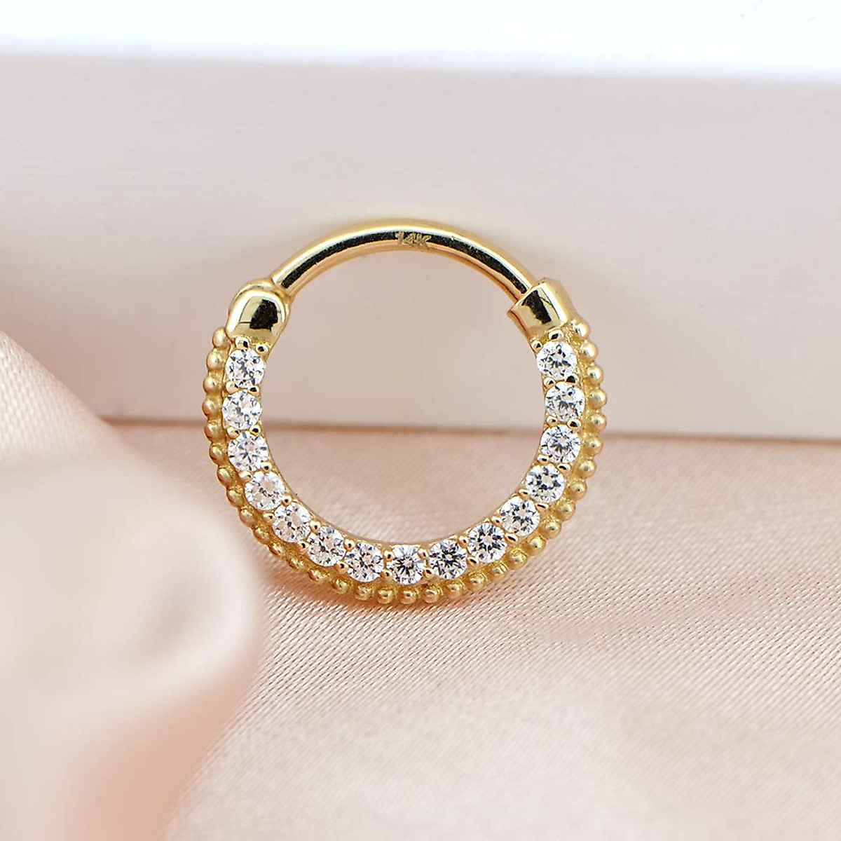 OUFER 14K Solid Gold Septum Piercing Hoop 16G Daith Earrings Hoop Clear CZ Paved Daith Septum Clicker Hoop 10mm Inner Diameter