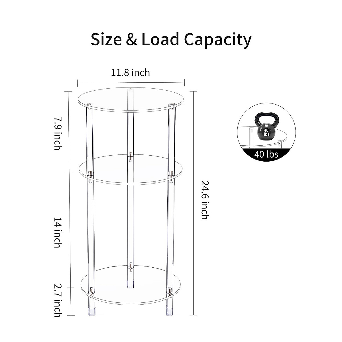 Bkemiy Clear Round Acrylic Side Table for Small Spaces, 11.81" L x 11.81" W x 24.6" H, 3 Tier Small Modern Drink End Table Nightstand, Minimalist Bedside Table for Living Room, Bedroom, Bathroom