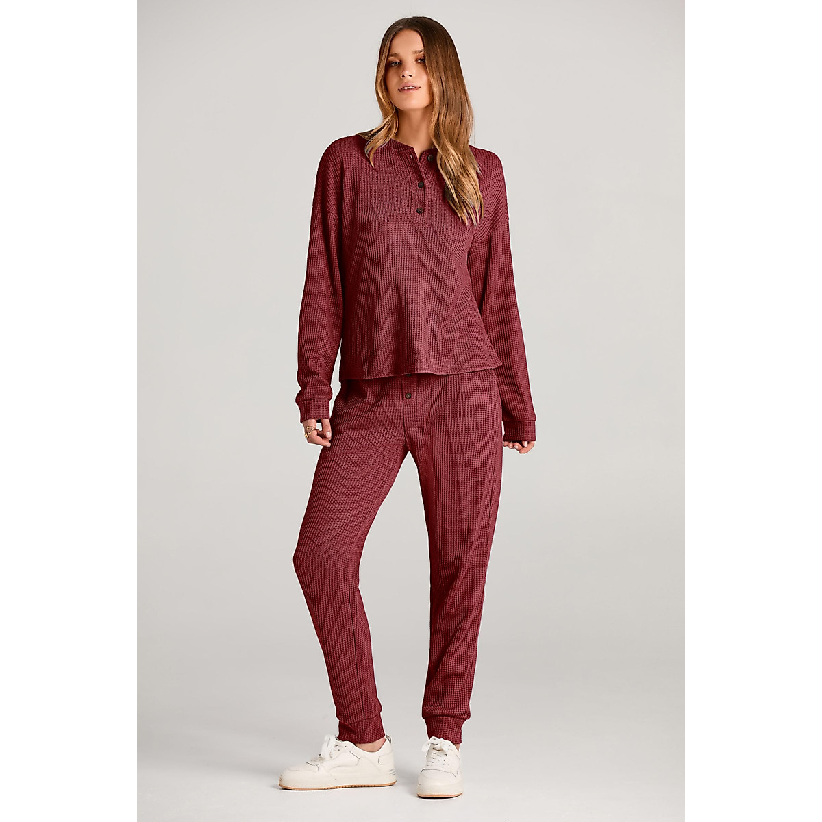 PRETTYGARDEN Women's 2 Piece Waffle Knit Lounge Outfit Long Sleeve Henley Top and Sweatpants Set Tracksuit (Wine Red,Medium)