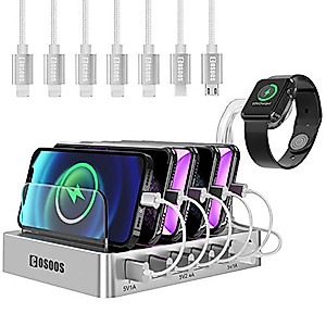 USB Charging Station for iPhone 14,COSOOS Charger Station with 5 lPhone Cable,1 Type-C,1 Micro Cable,6-Port Charging Station for Multiple Devices(Silver White)