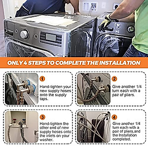 Beaquicy Washer Stainless Steel Hoses with 90 Degree Elbow - 4 Ft Long Red and Blue (2 Pack) Burst Proof - Hot and Cold Striped Water Supply Lines for Washing Machine - 10YEAR WARRANTY