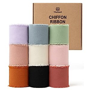 Vitalizart 1.5" x 45Yd Handmade Fringe Chiffon Silk Ribbon Mixed Color Ribbons Set 9 Rolls for Wedding Invitations, Bridal Bouquets, Gifts Wrapping, Holiday Decorations