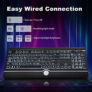 Wired Keyboard and Mouse Combo - Large Print Light Up Keyboard, Kopjippom USB Silent Wired Backlit Keyboard and Optical Mouse for Windows, PC, Laptop - Easy to See, USB Play and Plug