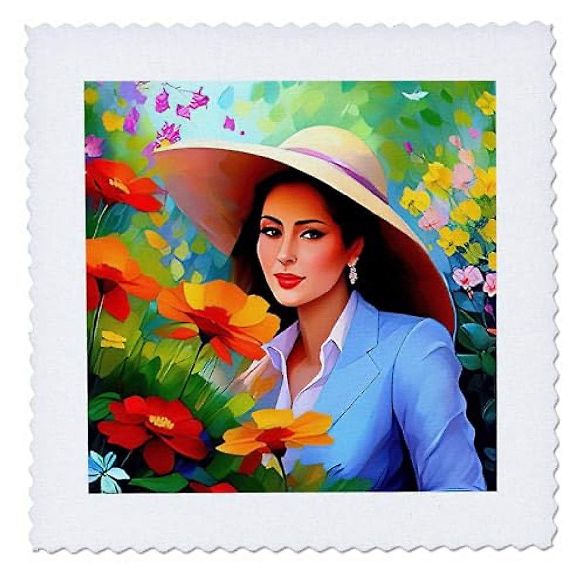 3dRose Elegant Beauty in Large Straw hat in The Garden. Red, Yellow... - Quilt Squares (qs-379101-8)