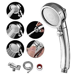 MIAOHUI Modern Handheld Shower Head with On Off Switch, High Pressure Shower Head with Handheld, 3 Spray Settings Removable Shower Head with Hose, Angle Adjustable Shower Bracket, Teflon Tape (Chrome)