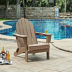 Classic Folding Adirondack Chair, Weather Resistant Patio Seating, Heavy Duty Poly Plastic Outdoor Chairs, Deck Fire Pit Garden Lawn Backyard Porch Chairs - Easy Assemble - Brown
