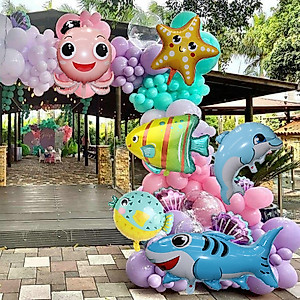 12 pieces Large Cute Sea Animal Balloons Octopus Shark Fish Dolphin Hippocampus Crab Scallops Foil Balloons for Boys Girls Sea Underwater Animals Theme Party Decoration