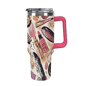 40 Oz Vacuum Tumbler with Light Rose Red Handle Leakproof Insulated Tumbler Cosmetic And Makeup Theme Pattern Stainless Steel Travel Mug with Lid And Straw Coffee Cup Cute Water Bottles Cup Holder Fri