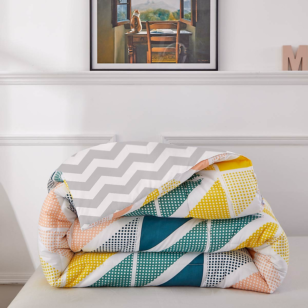 UOZZI BEDDING Comforter Set Queen Size 3 Pieces Colorful Style Yellow Green Cubes Triangles Print Reversible Down Alternative 800 TC Kids Adult Duvet Sets