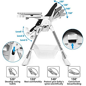 INFANS Foldable High Chair with Large Storage Basket - Adjustable Heights, Recline & Footrest, Removable PU Cushion, Detachable Double Trays, 5-Point Safety Harness for Baby, Infants & Toddlers