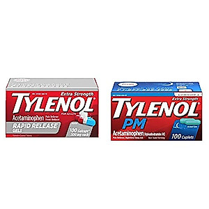 Tylenol Extra Strength Rapid Release Gels with Acetaminophen, Pain Reliever & Fever Reducer, 100 ct with Extra Strength Pain Reliever & Sleep Aid Caplets with 500 mg of Acetaminophen, 100 ct