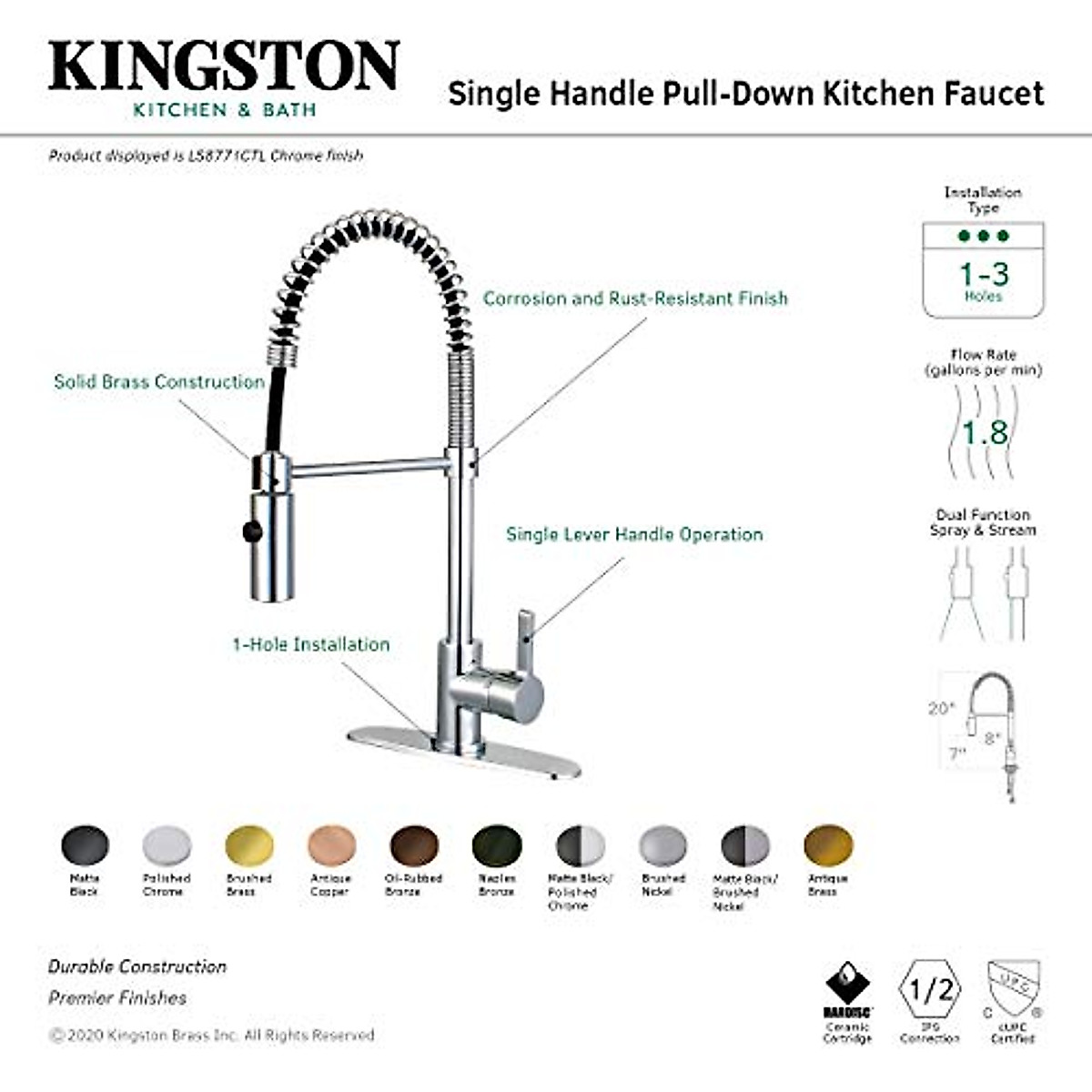 Kingston Brass LS8773CTL Continental Pre-Rinse Kitchen Faucet, Brushed Brass