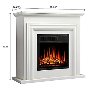 Joy Pebble 36'' Wood Electric Fireplace Mantel Package Freestanding Heater Corner Firebox with Log Hearth and Remote Control,750-1500W (Ivory White)