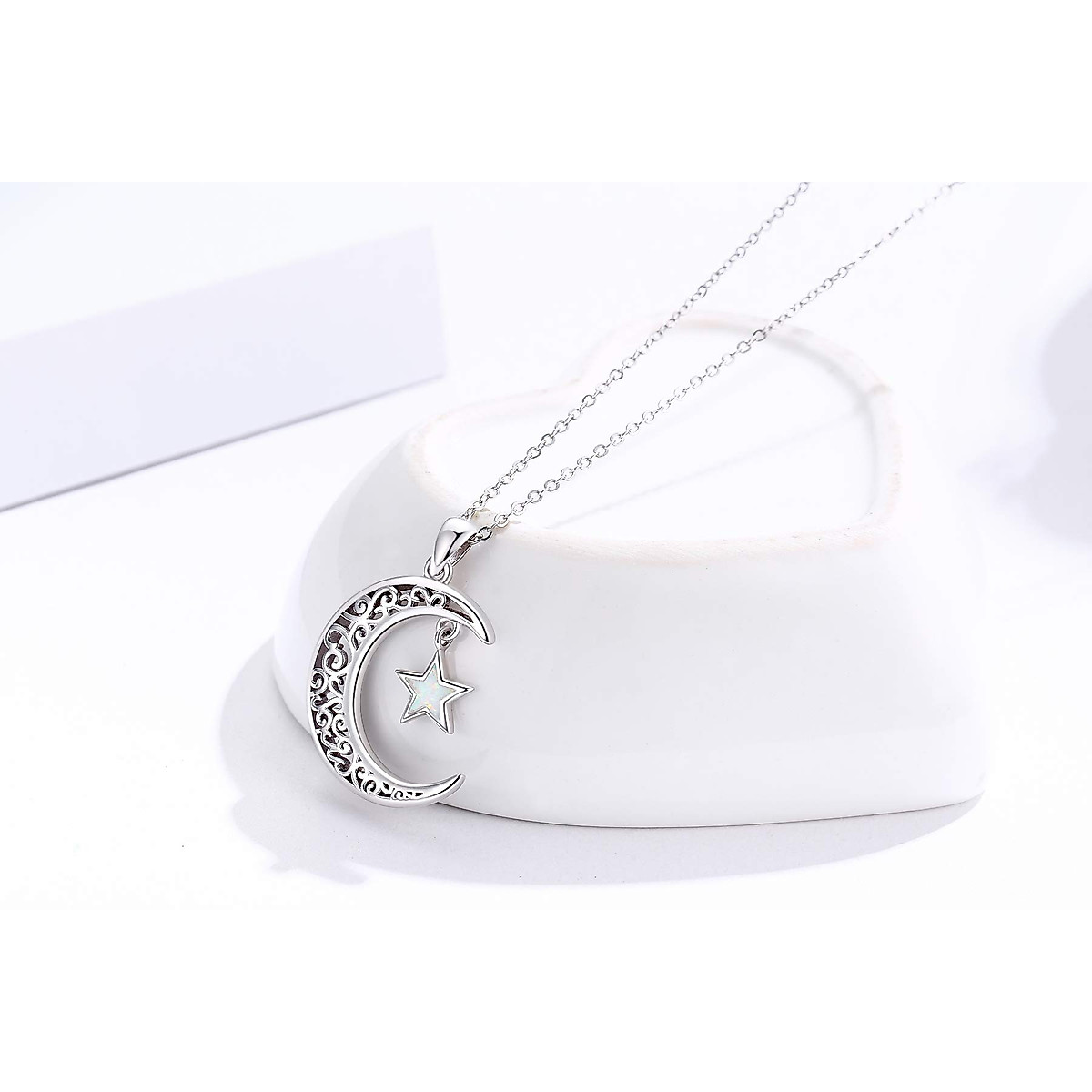 TRISHULA Moon Necklace for Women, 925 Sterling Silver Crescent Star Pendant with Opal Star Sparkling Crescent Moon Jewelry Gift for Women Teens Birthday Christmas Graduation