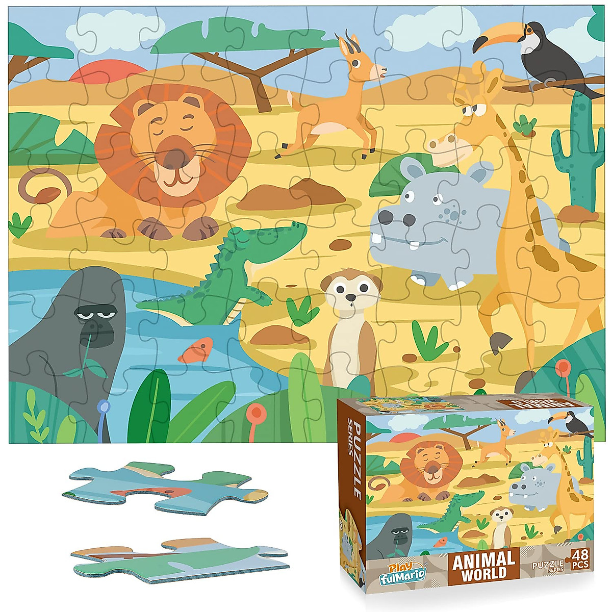 Jumbo Floor Puzzles for Kids Ages 3-5 4-8, Preschool Learning Toys Farm Animals Puzzles for Toddlers&Kids, 48 Pieces Blue Card Material (Animal World)