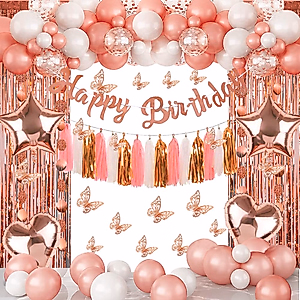 Rose Gold Birthday Party Decorations Kit for Women 73 Pieces, Happy Birthday Banner, Fringe Curtains, Butterfly Decor, Foil Balloons for 13th 16th 20th 21st 30th 35th 50th 60th Girls Men Party Supplies