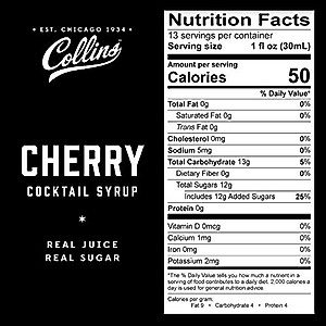 Collins Cherry Syrup, Cherry Simple Syrup, Real Sugar Cocktail Syrups, Soda Water Flavors, Cocktail Mixers, 12.7 Ounces, Set of 1