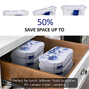Annaklin Collapsible Food Storage Containers with Lids in Blue and White Porcelain China Style, 48oz, 4 Pack, Stackable Silicone Containers for Food Lunch, Microwave Freezer Dishwasher Safe, White