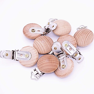 Sutoyuen 10Pcs 30mm (1.18") Natural Wood Pacifier Holder Round Beech Metal Teether Wooden Teething Beads Suspender Clips DIY Pacifier Accessories
