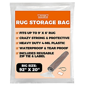 Heavy Duty Rug Storage Bag - Reusable Rug Shipping Bag, Waterproof Plastic Rug Cover - Fits Rolled Carpet Up to 6 x 9 Feet, 4 Mil Thick Tear Proof Plastic Storage Bag - 1 Clear Bag, 92 x 20 Inches
