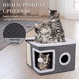 Cat Beds for Indoor Cats, Large Cat Cave with Cozy Condo, Fluffy Hanging Ball, Round Window, Foldable Indoor Cat House Hold Up to 30LBS, Cat Hideaway with Double-Sided Soft Cushions for All Seasons