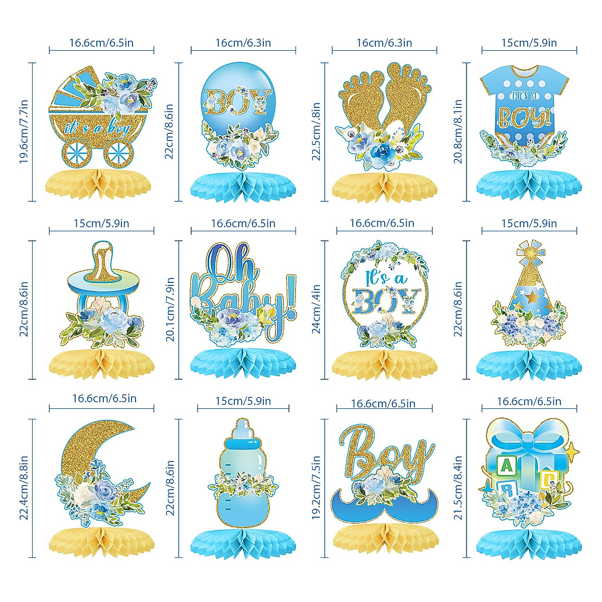 12Pcs Baby Shower Honeycomb Centerpieces Party Decor for Boys,Blue Gold Floral It's a Boys Gender Reveal 3D Table Centerpieces Decoration for Kids Baby Shower Party Photo Props Supplies