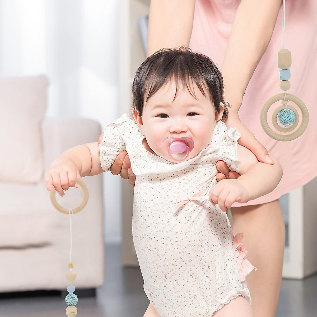 Toddmomy Teething Rings 4Pcs Baby Gym Wood Toys Wooden Hanging Toy Wood Activity Pendant Hanging Toy Dangling Teething Soother Sensory Toys Nursery Decor Montessori Play Gym