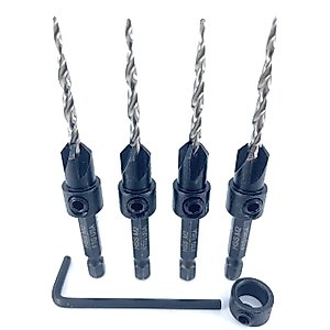 FTG USA Countersink Drill Bit Set 4 Piece Same Size #6 (9/64") Countersink Drill Bit with 12 Replacement Tapered Countersink Bits #6 (9/64") 1 Depth Stop Collar, 2 Hex Wrench