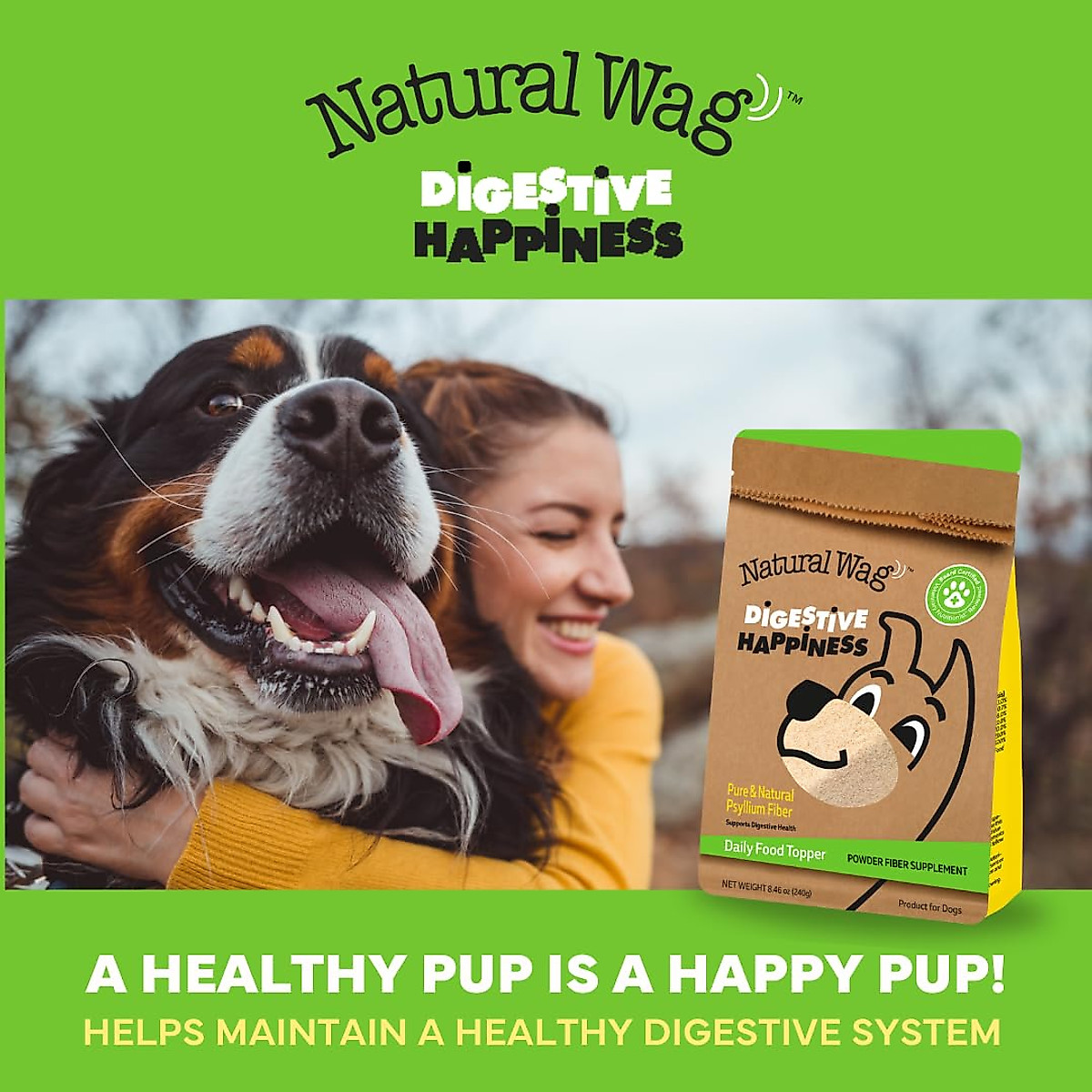 Natural Wag Digestive Happiness for Digestion & General Health Supplement for Dogs - Psyllium Husk Fiber - Relieve Digestive Conditions, Optimize Stool, and Improve Health