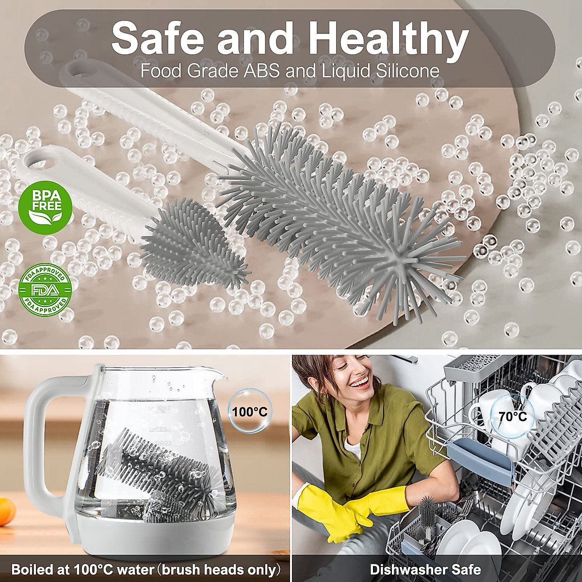 6 in 1 Bottle Cleaning Brush Set with Silicone Bottle Brush, Nipple Brush, Straw Brush, Soap Dispenser, Drying Rack for Baby Bottle and Water Bottle, Space Saving Baby Essentials for Home and Travel